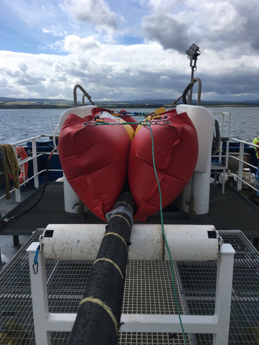 Inflatable cable, pipe, or hose floaters