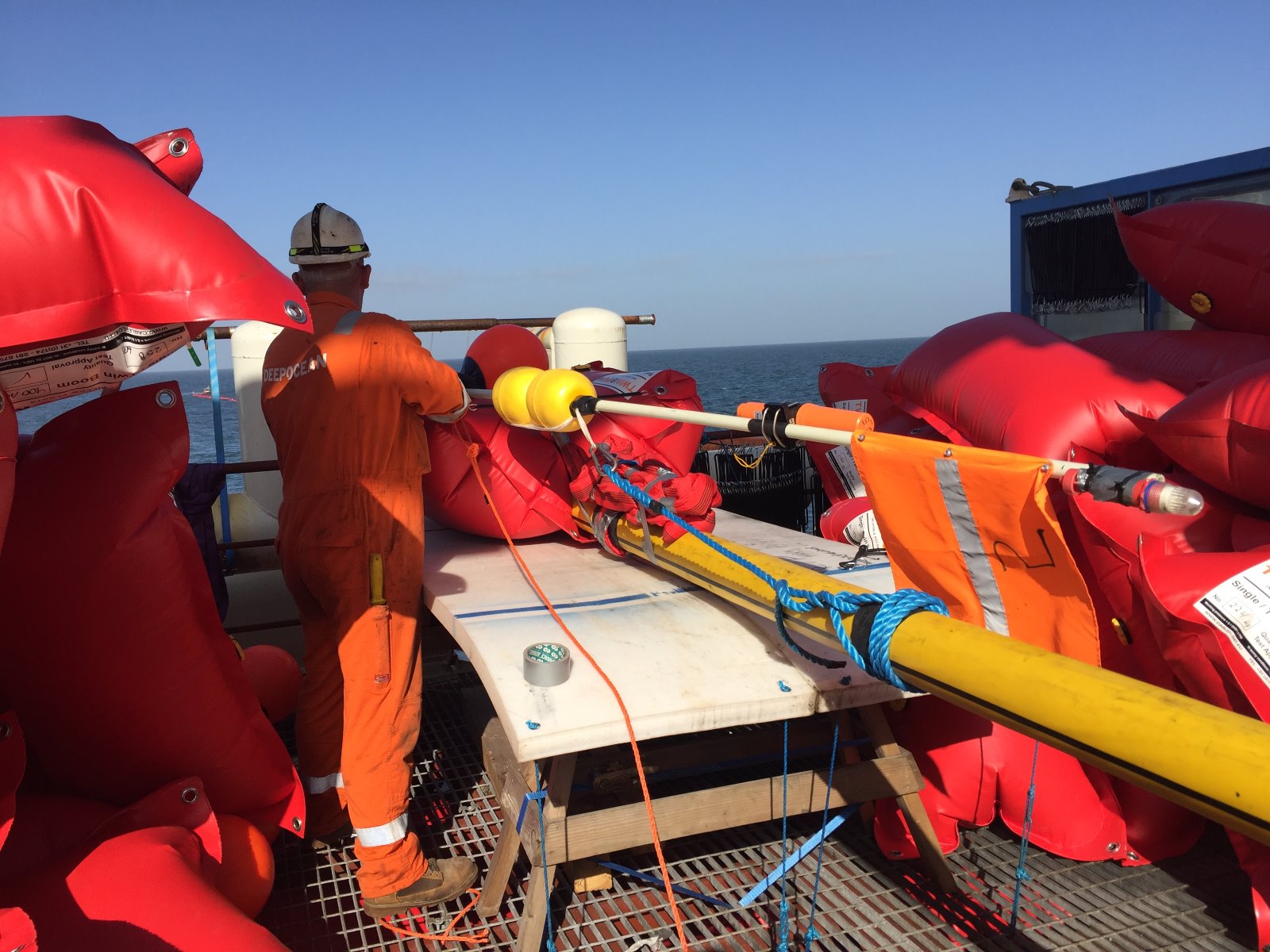 Inflatable cable, pipe, or hose floaters